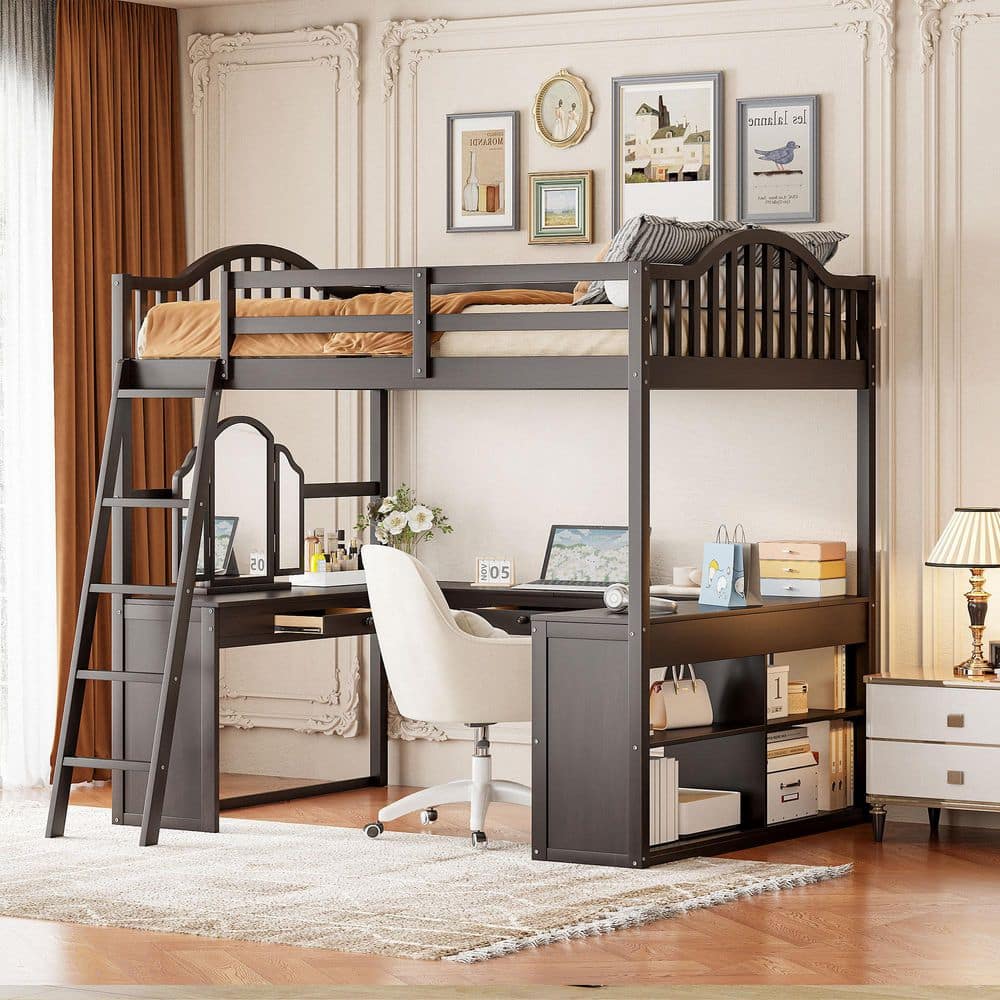 Polibi Espresso Full Size Wood Loft Bed with U-shaped Desk, Storage Compartments and Tri-fold ...
