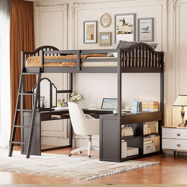 Polibi Espresso Full Size Wood Loft Bed with U-shaped Desk, Storage Compartments and Tri-fold ...