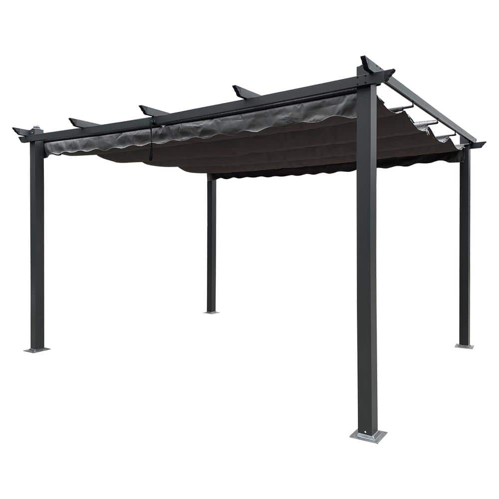 OLUMAT 13 ft. x 10 ft. Gray Aluminium Outdoor Patio Retractable Pergola ...
