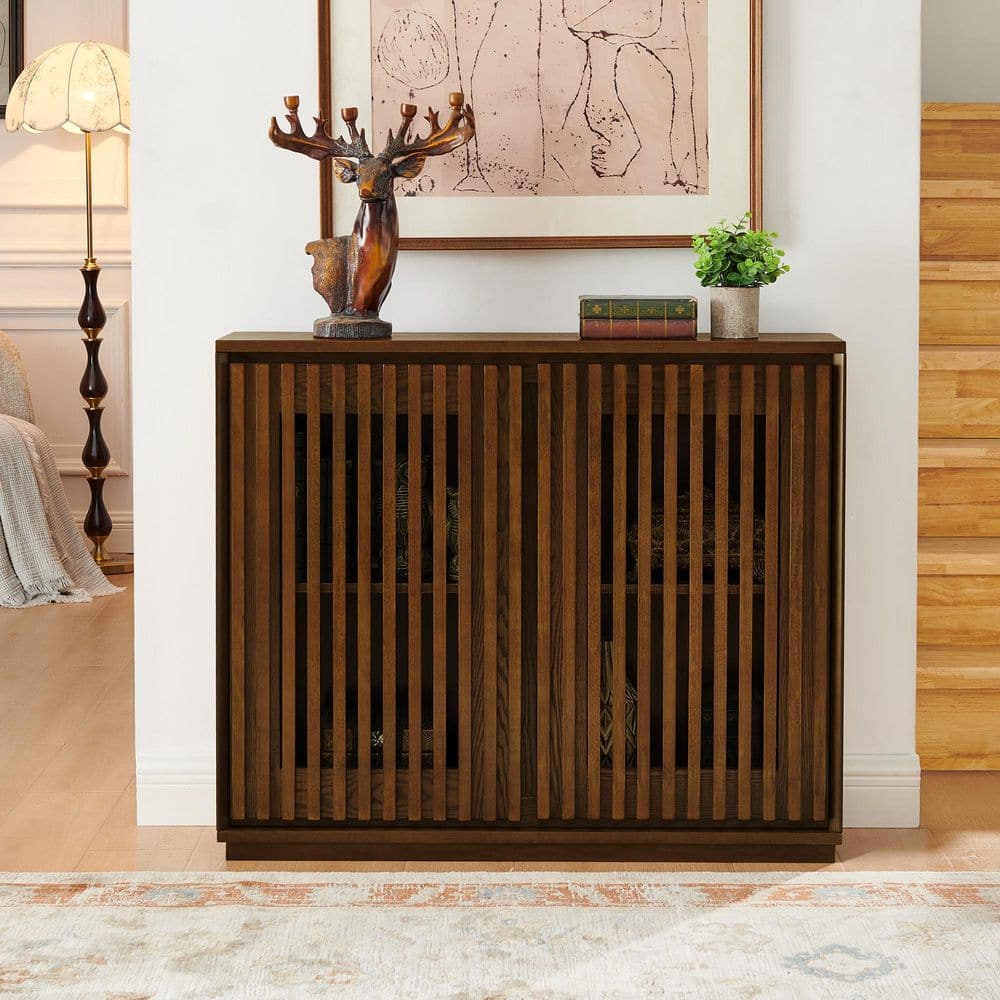 Seafuloy 39 in. W Walnut Brown Solid Wood & MDF Fluted Buffet Cabinet ...