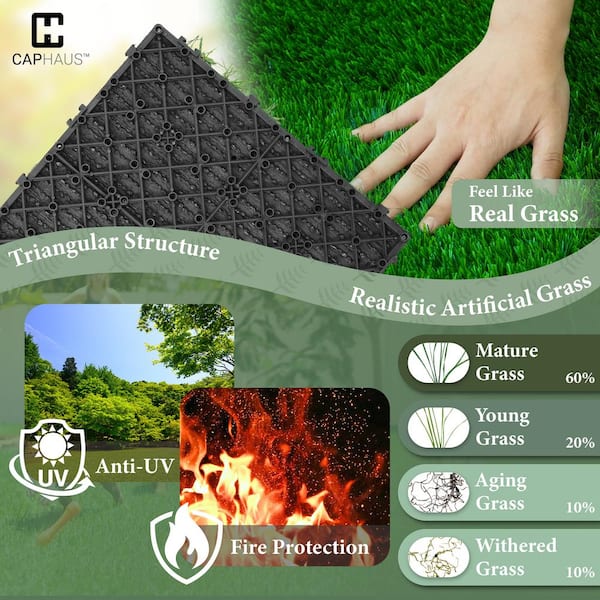 CAPHAUS 1 ft. x 1 ft. Green Artificial Grass Turf Tiles, Self-Draining ...