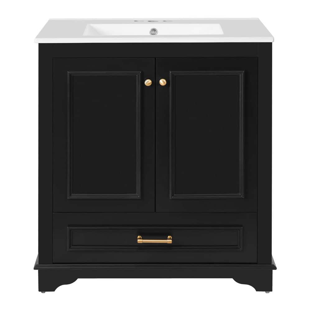 JUJABU 30 in. Freestanding Black Bath Vanity with White Ceramic Sink ...