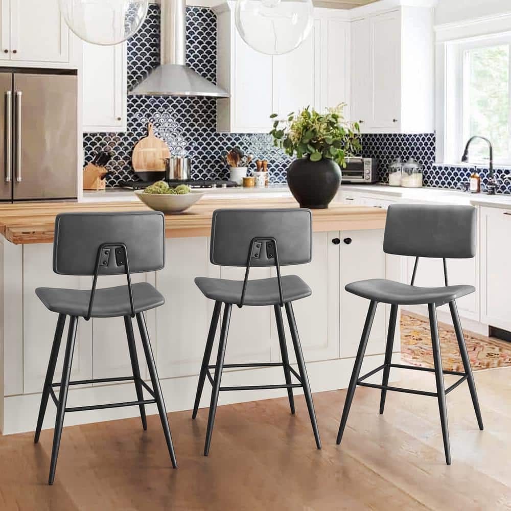 LUE BONA 24.5 in. H Gray Metal Counter Height Bar Stools Curved Seat ...