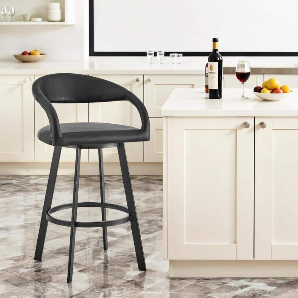 HomeRoots 30 Black Low Back Metal Bar Stool Faux Leather Seat ...