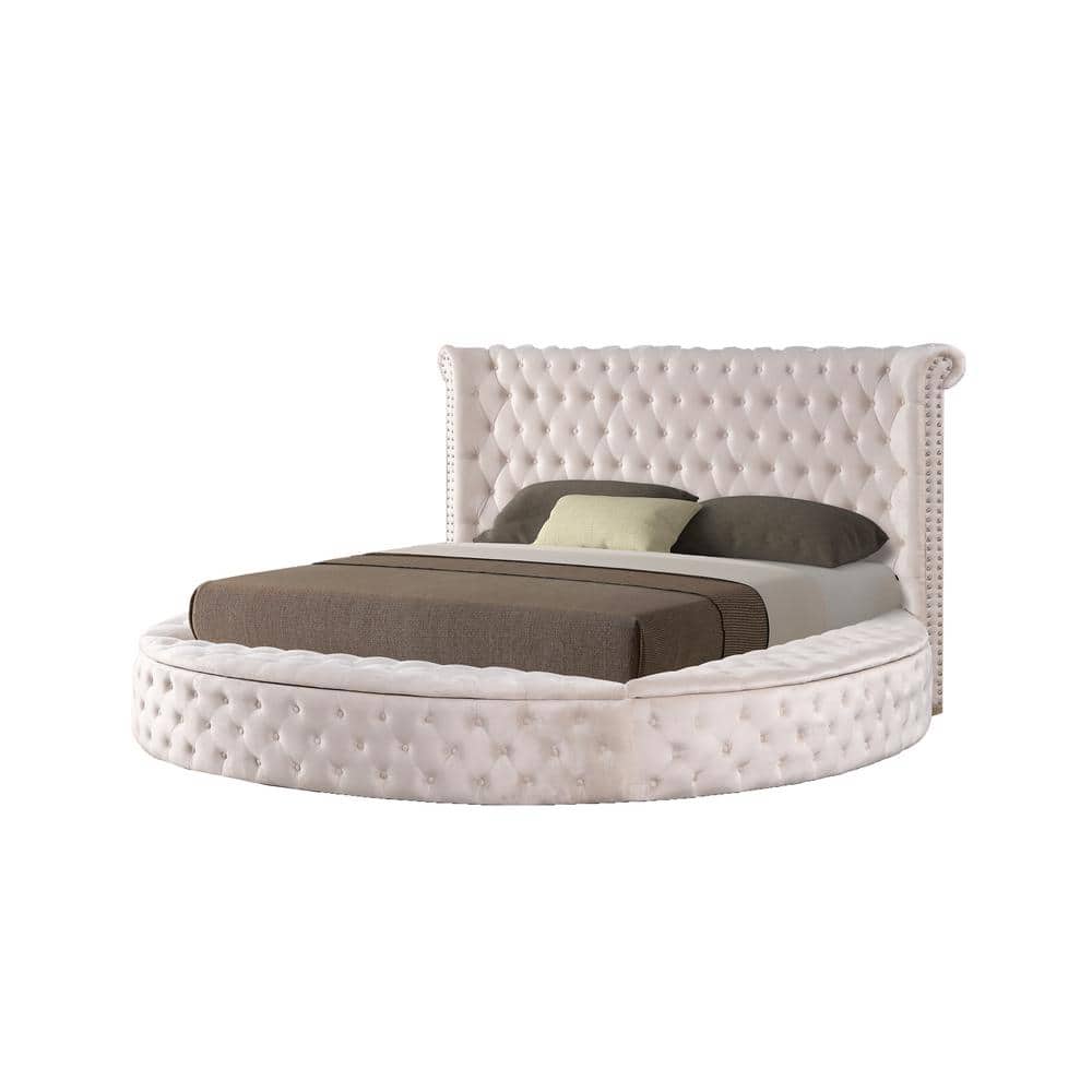 Best Master Furniture Isabella Beige Queen Tufted Round Platform Bed ...