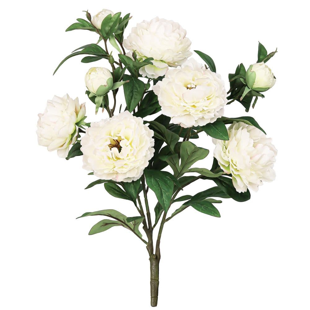 LIVING LUXURY 22 in. Deluxe Cream White Artificial Peony Plant Flower Stem Bush Bouquet 92097-CR ...
