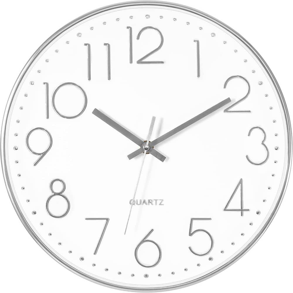 14 in. Silver Analog Large Silent Non-Ticking Battery Operated Round ...