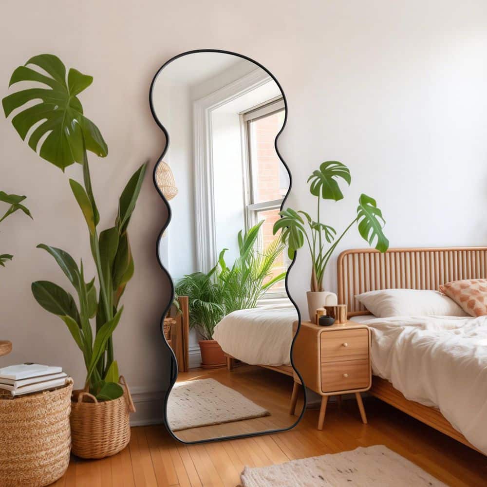 Swafrrt Modern 21 in. W x 56 in. H Wavy Framed Black Metal Full Length ...