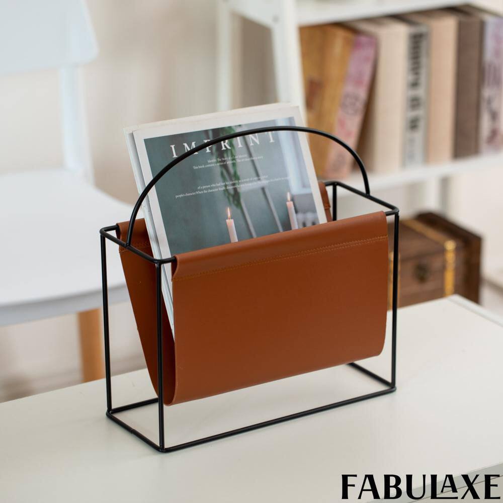 FABULAXE Arch Gold-Tone Metal Magazine Rack with Brown Faux Leather ...