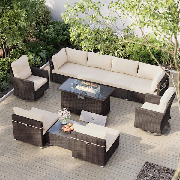 UPHA 10-Piece Brown Wicker Patio Fire Pit Conversation Set with Swivel ...