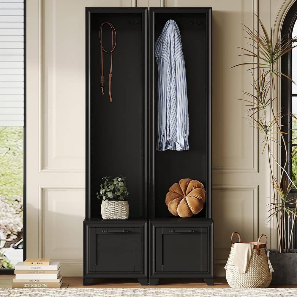 ANBAZAR 70.8 in. H 3-in-1 Wooden Black Multi-Purpose Entrance Hall Tree ...