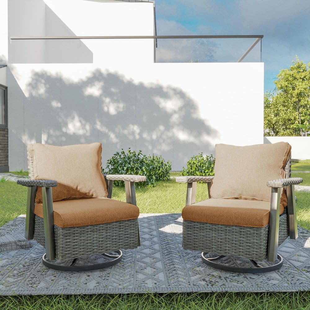 PremDwell Wicker Outdoor Rocking Chair with Extra-Thick Tan Cushions (2 ...