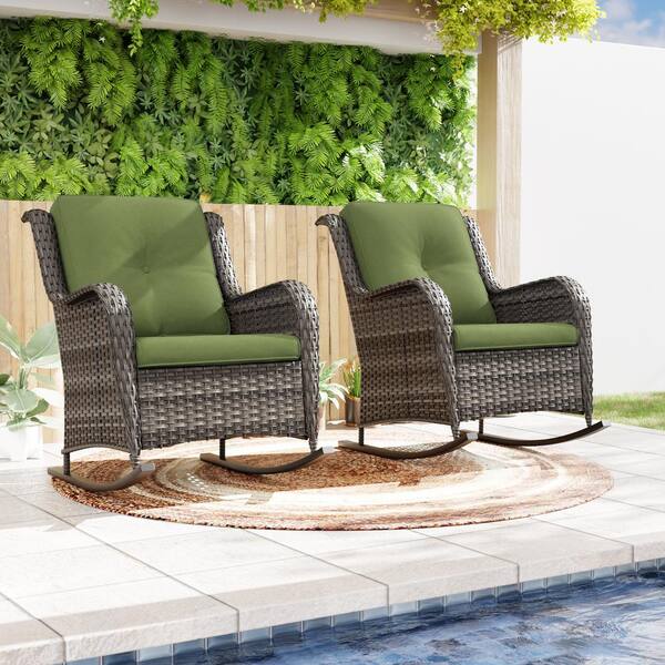 JOYSIDE Wicker Outdoor Rocking Chair Patio with Green Cushion (2-Pack ...