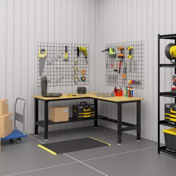 72 in. W L-shaped Heavy Duty Workbench with Rubber Wood Tabletop ...