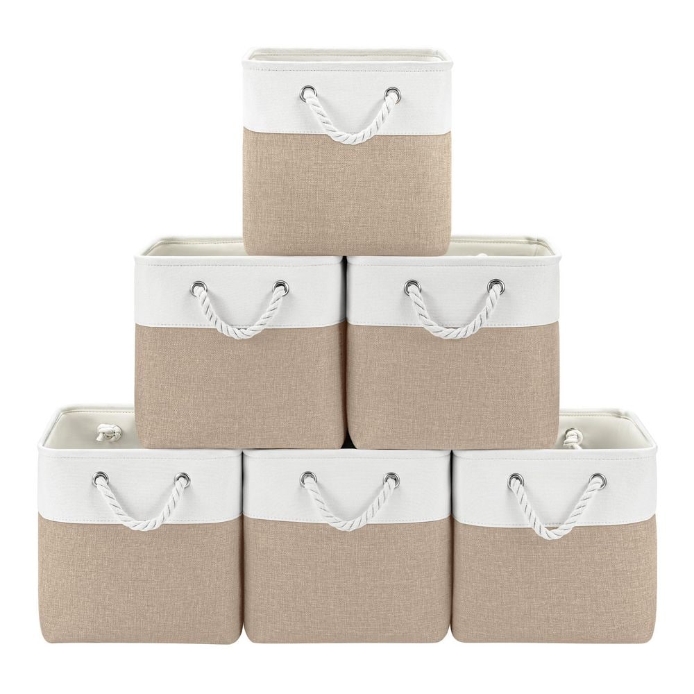 Afoxsos White & Khaki 11 in. x 11 in. Linen Fabric Cube Storage Bins ...