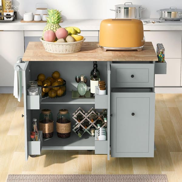Dueyeeri Grey Blue Rubber Wood Kitchen Cart with Spice Rack and Towel ...