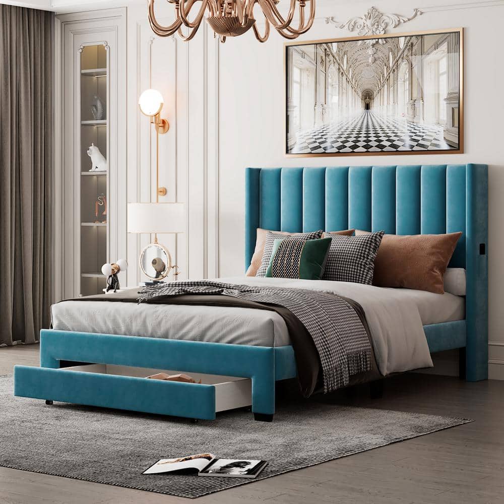 Blue Velvet Tufted Upholstered Queen Size Platform Bed Frame with ...