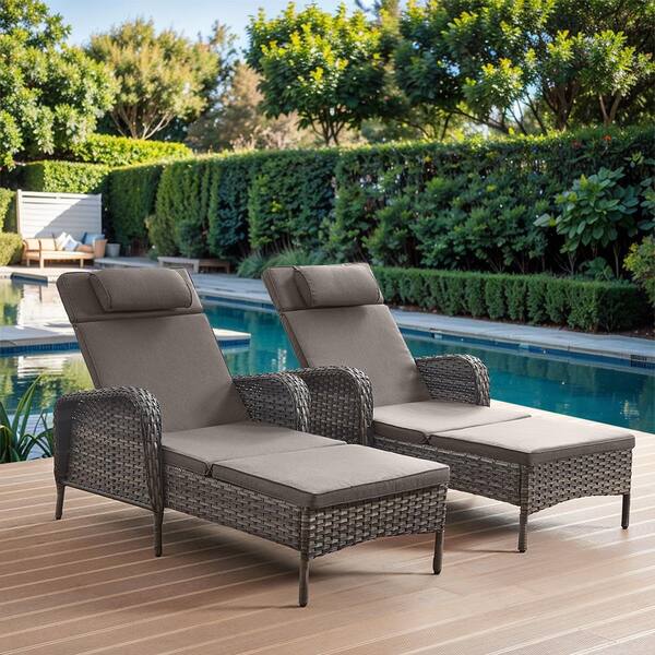 Gray Wicker Outdoor Folding Chaise Lounge Chair Fully Flat for Patio with CushionGuard Gray Seat Back Cushion