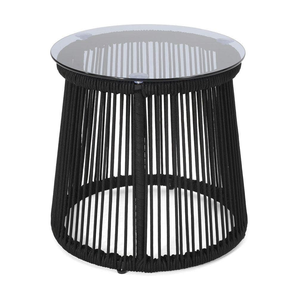 Black Artisan Rope Weave Side Table with Tempered Glass Top-Modern ...