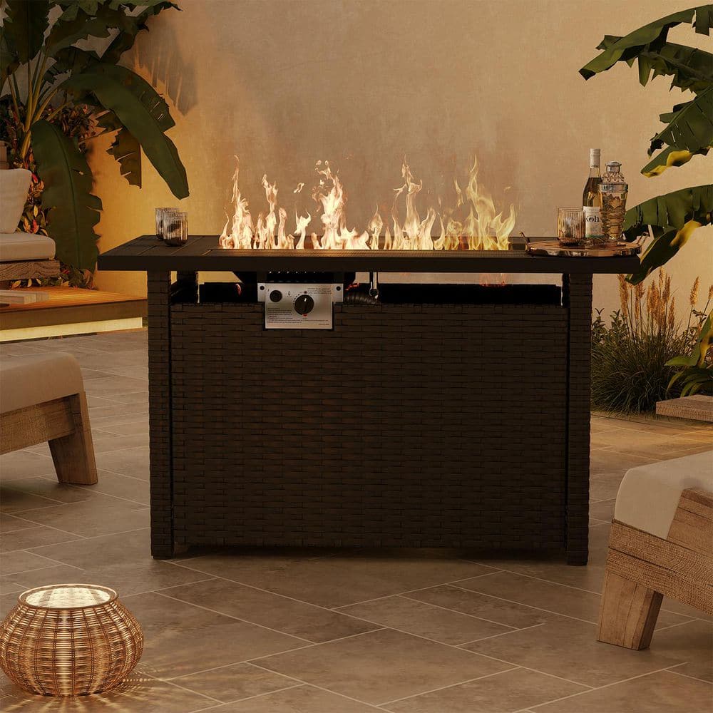 Sizzim 44 in. Black 50000 BTU Wicker Rectangular Outdoor Fire Pit Table ...