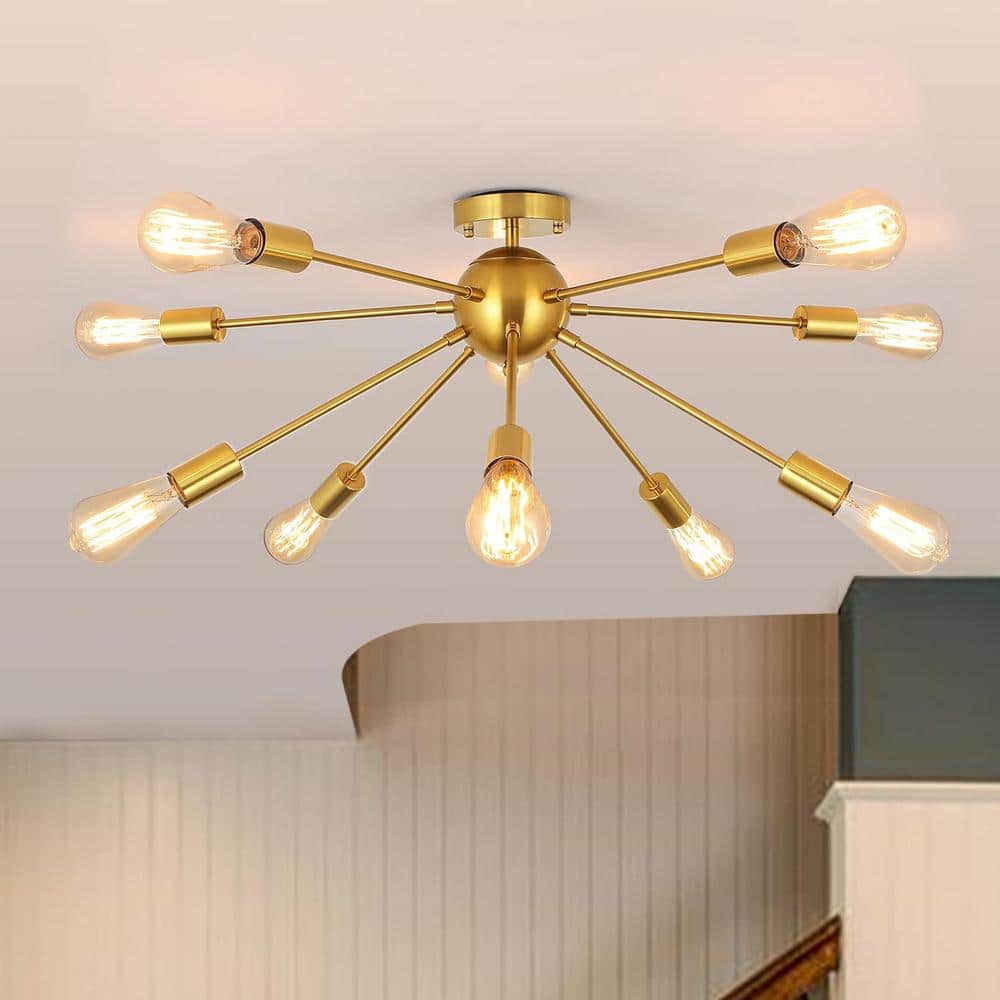 LWYTJO 24 in. 10-Light Gold Sputnik Semi Flush Mount for Kitchen Dining ...