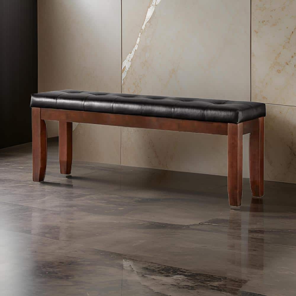 Benjara Dark Brown 16 in. Wood and Bi Cast Vinyl Bench with Tufted Seat ...