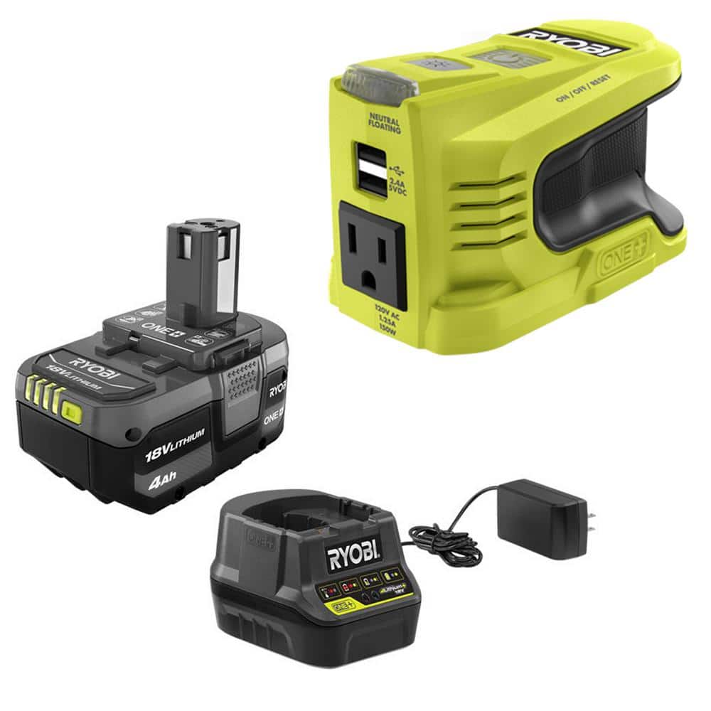 RYOBI 18V ONE+ 150-Watt Portable Battery Inverter Power Source with 4 ...