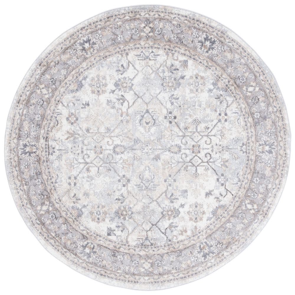 SAFAVIEH Opal 7 ft. x 7 ft. Gray/Beige Floral Border Distressed Round ...