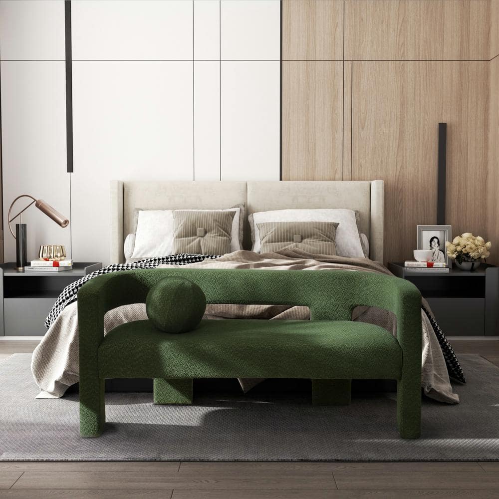 KINWELL Green 66 in. Wide Boucle Upholstered Bedroom Bench with Toss ...