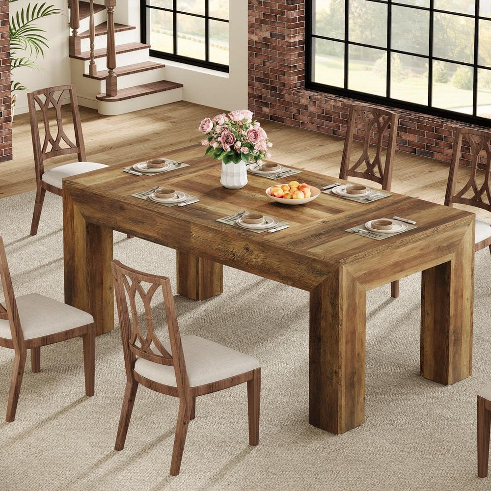 BYBLIGHT Roesler Farmhouse Brown Engineered Wood 63 in. 4 Legs Dining ...
