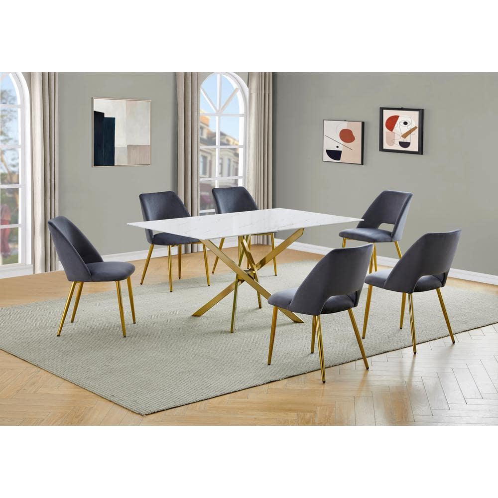 Best Quality Furniture Esteban 7-Piece White Marble Wrap Glass Top ...