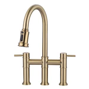 WOWOW Double Handle Bridge Kitchen Faucet with 3-Spray Patterns and 360 ...