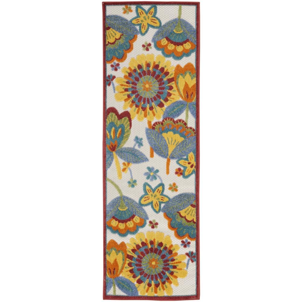 HomeRoots Charlie 2 X 6 ft. Yellow and Teal Floral Indoor/Outdoor Area ...