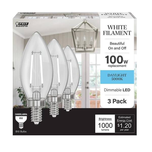 Feit Electric 100-Watt Equivalent B10 E12 Candelabra Dim White Filament ...