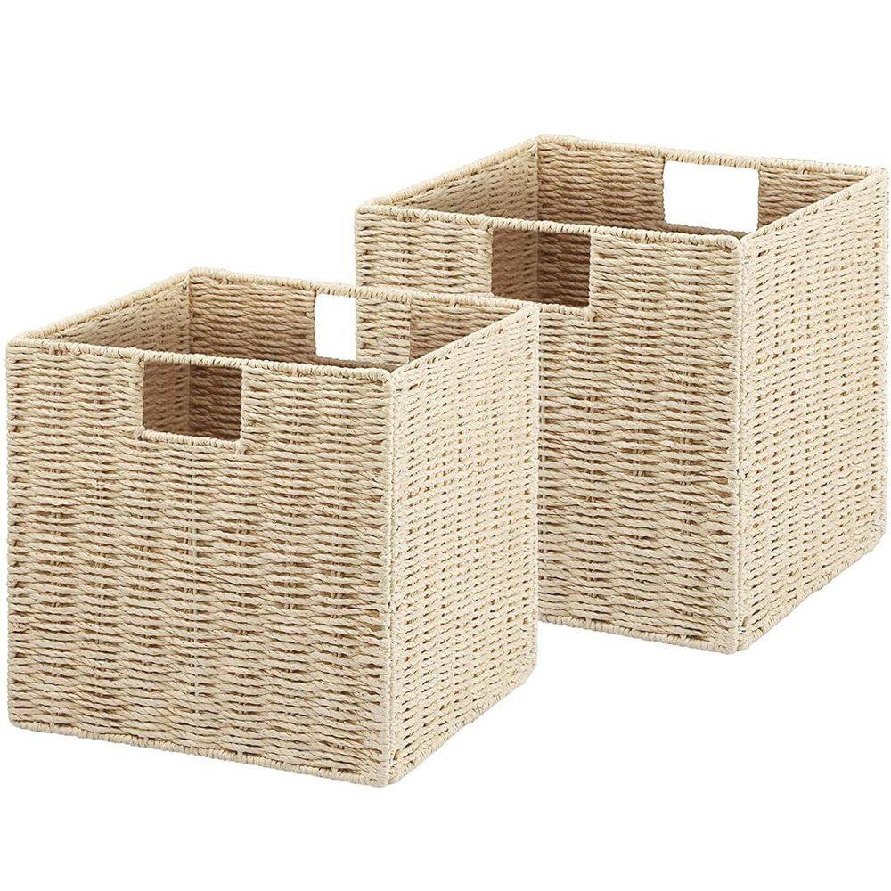 Beige 11 in. x 11 in. Paper Decorative Basket Set of 2 with Built-in ...
