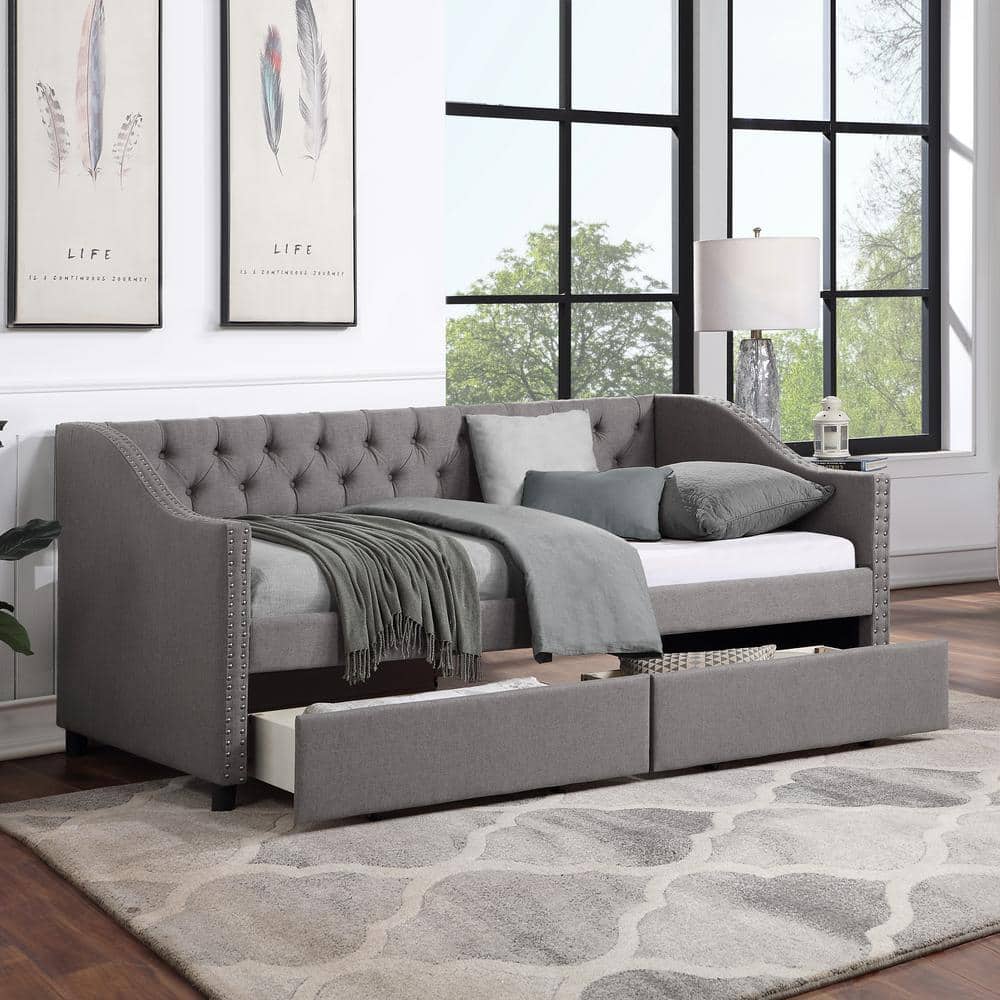 Angel Sar Angel Gray Upholstered Daybed with Two Drawers LP000011AAE ...