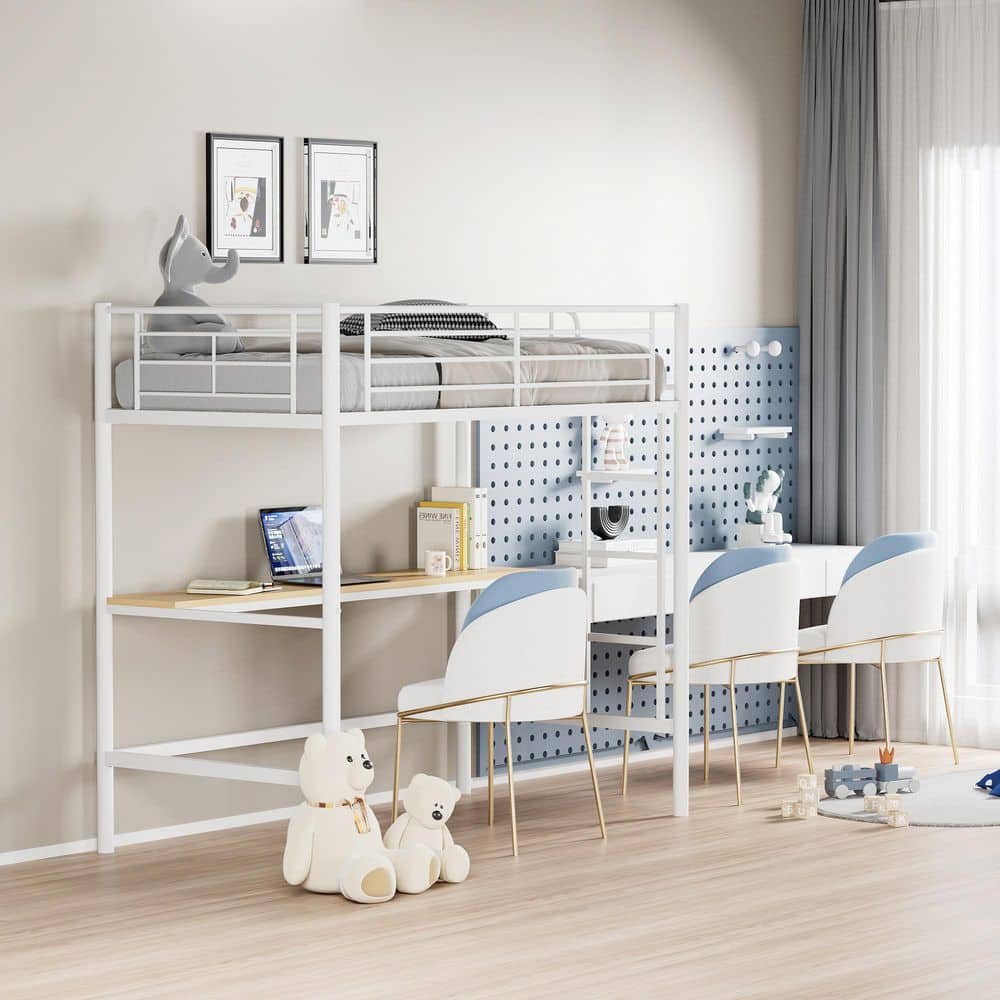 VECELO Twin Loft Bed with Desk, White Metal Frame, Space-Saving ...