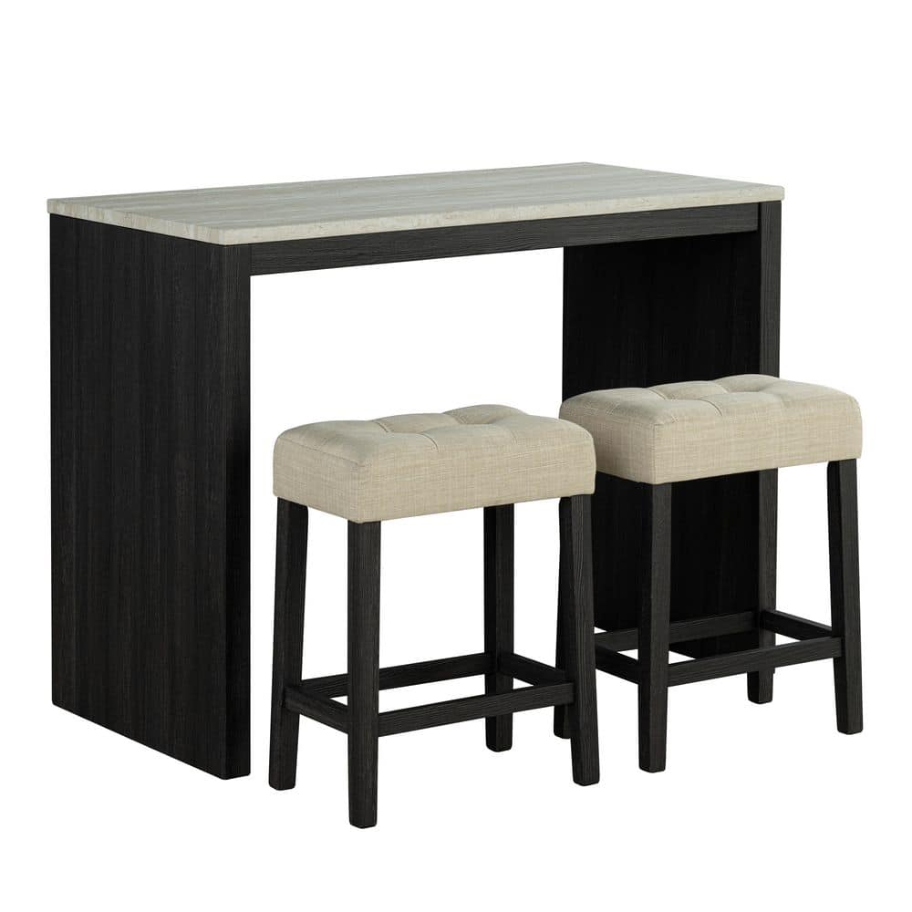 Clihome 3-Piece Rectangle Black/Gray Wood Top Bar Table Dining Set with ...
