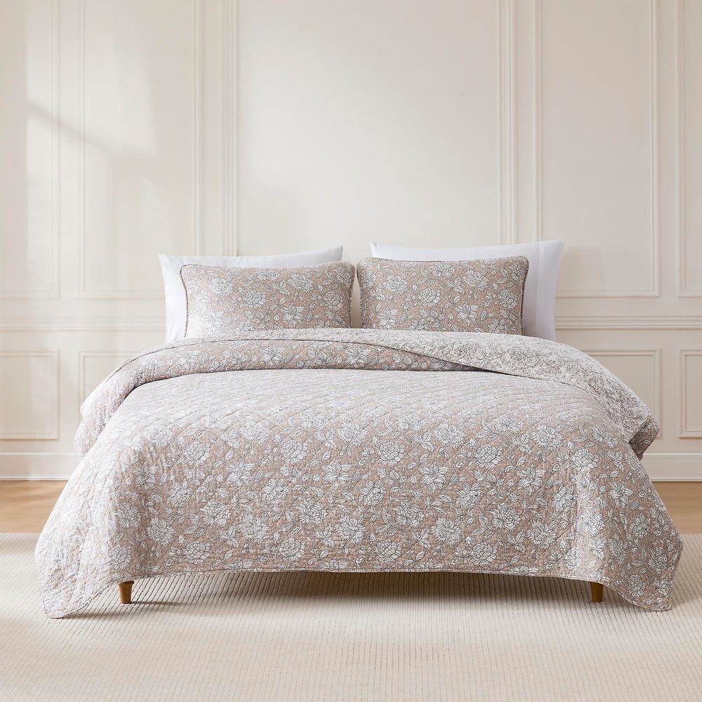 Lush Decor Zara Floral Block Reversible 3-Piece Neutral Cotton King/Cal ...