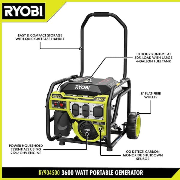RYOBI 4500-Watt Recoil Start Gasoline Powered Portable Generator with CO Detect Shutdown Sensor ...