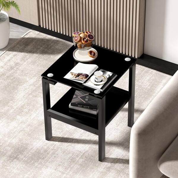 Black Tempered Glass End Table with 2 Layer Small Side Table for Living Room