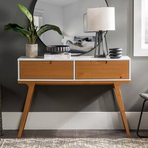 Welwick Designs 44 in. Caramel Mid-Century Modern Rectangle Solid Wood ...
