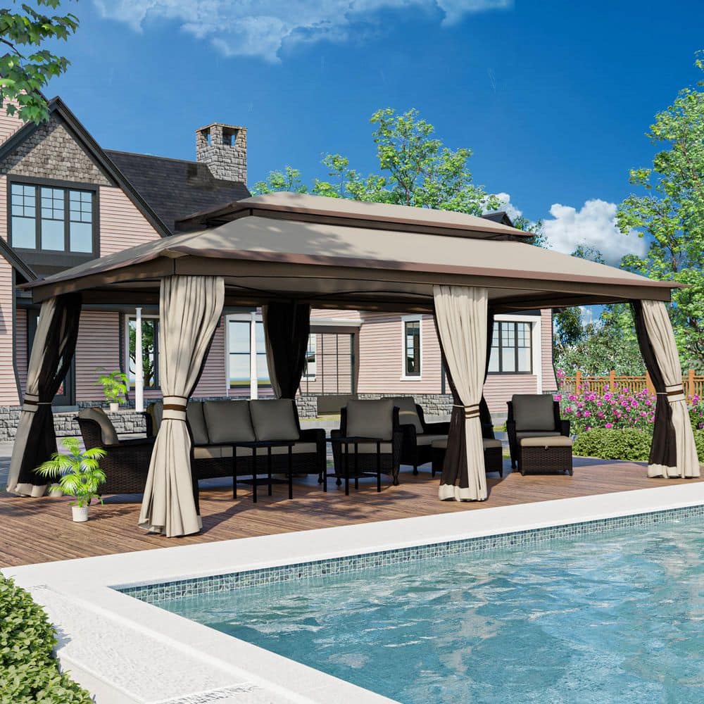 Esunny 20 ft. x 10 ft. Beige Outdoor Patio Steel Frame Double Soft Top ...