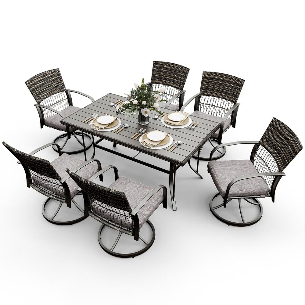 PamaPic 7-Piece Metal Patio Outdoor Dining Set with Rectangle Table and Rattan Swivel Chairs ...