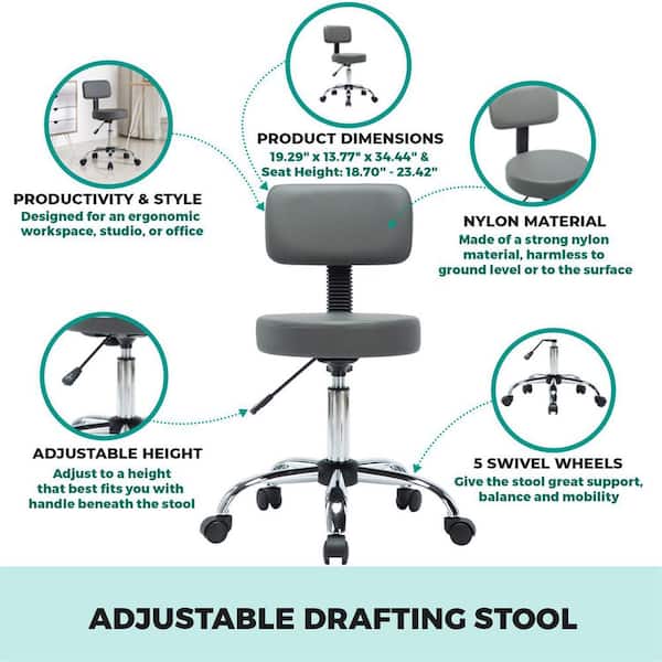 MAYKOOSH White Adjustable Drafting Stool with Wheels and Backrest Faux Leather Space Saving Rolling Stool 11774MK