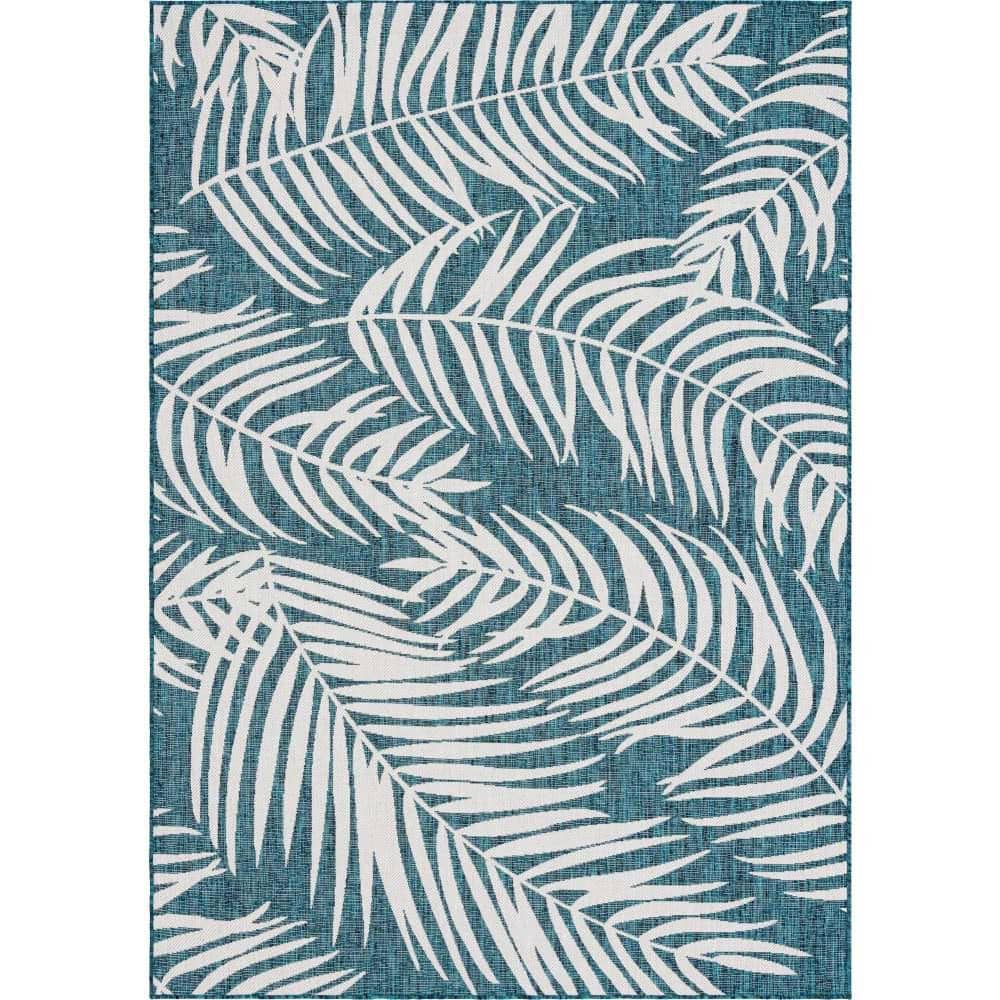 Unique Loom Outdoor Botanical Palm Teal 7 ft. 1 x 10 ft. Area Rug ...