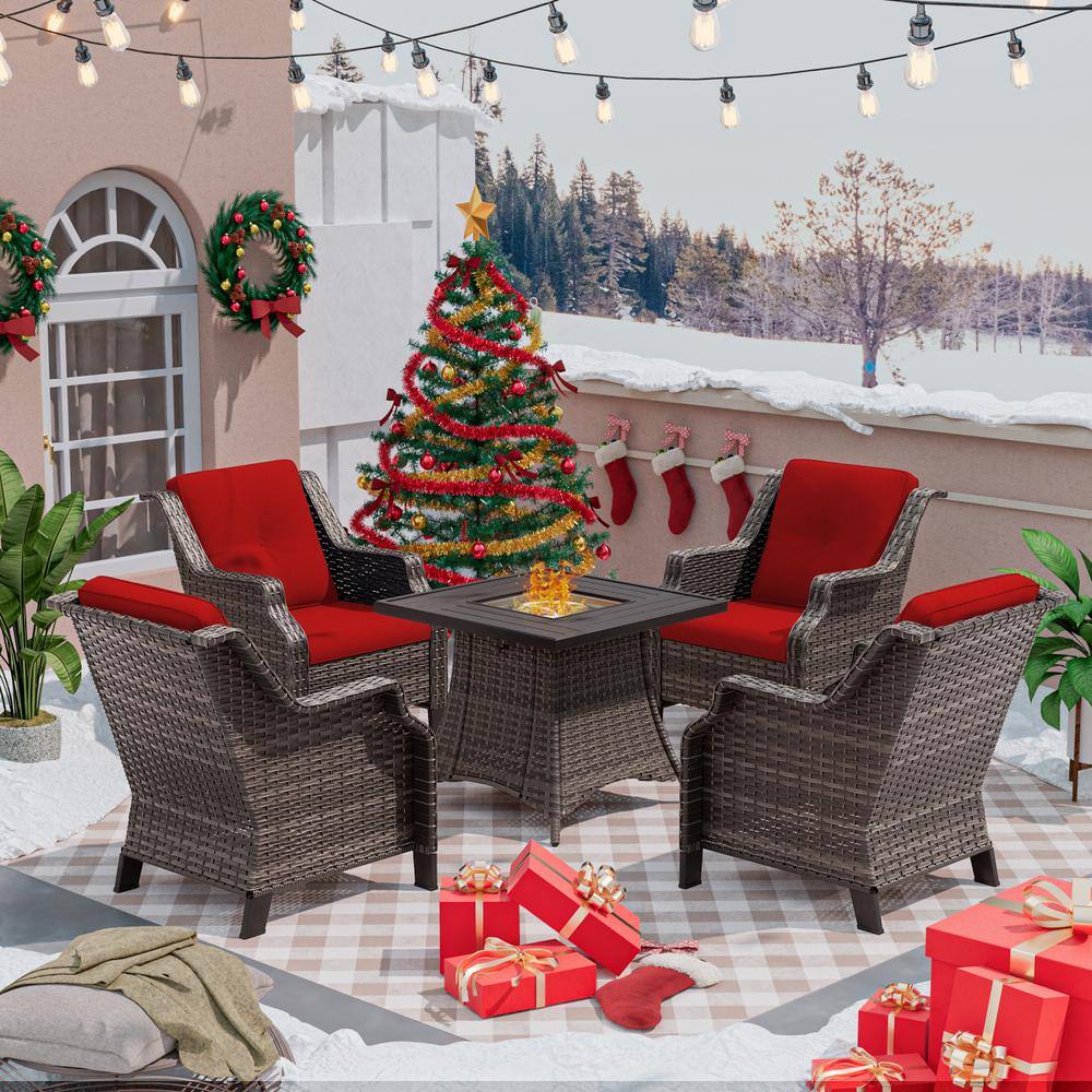 MeetLeisure 4 Seat 5-Piece Wicker Patio Set Conversation Set with Red ...