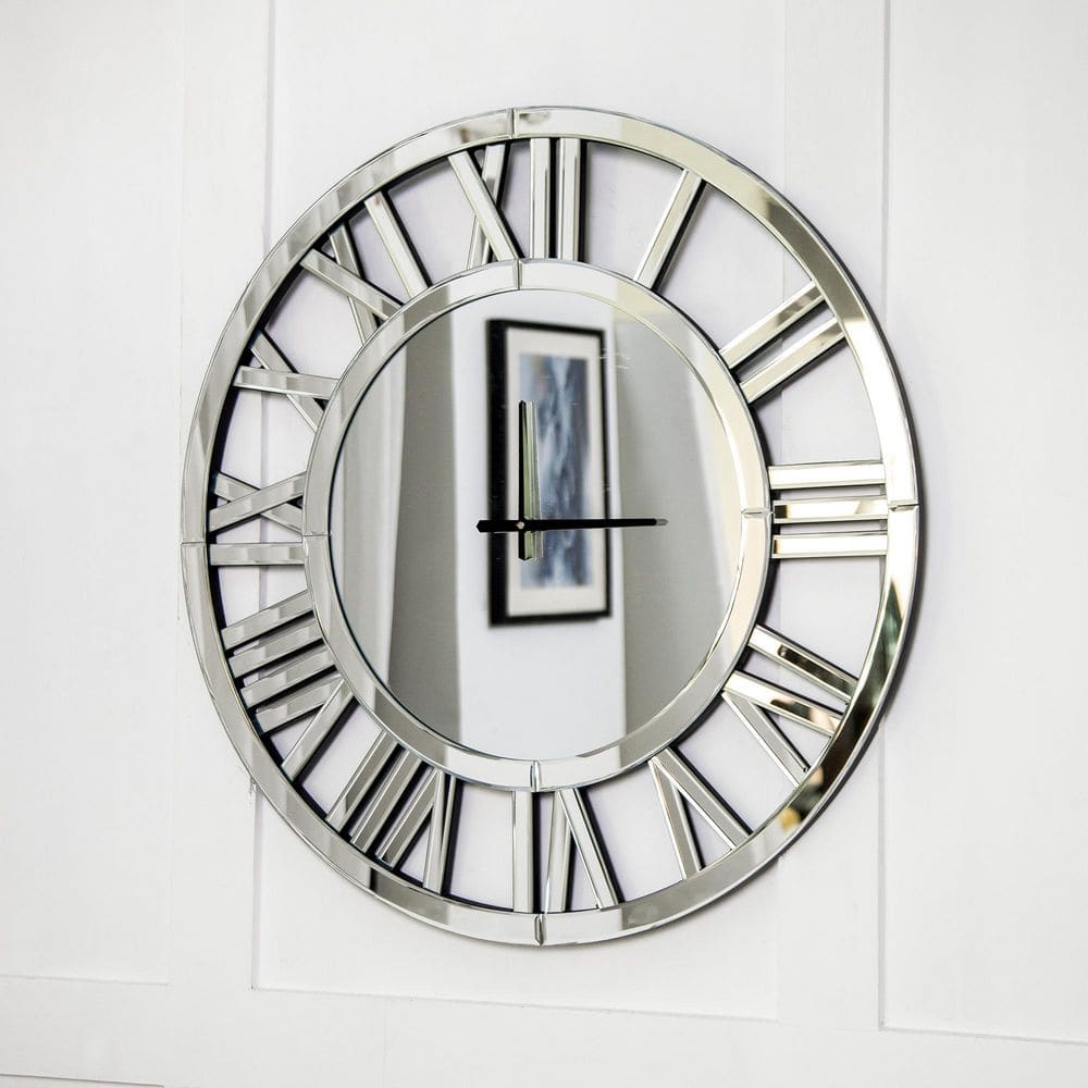 THKSHOUZ Modern Elegance Silver Roman Numeral Wall Clock - Mirror ...