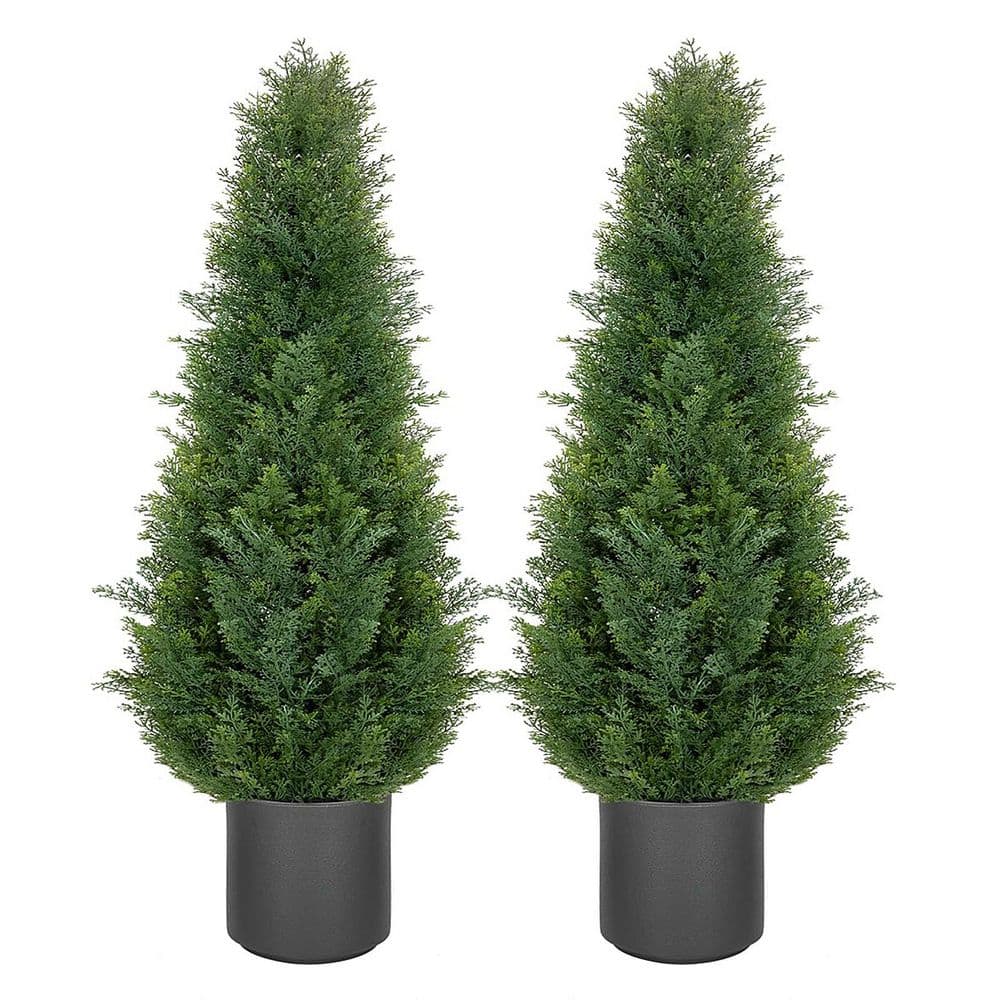 hykolity 4 ft. Artificial Cedar Topiary Trees with Gray Planter Pot ...