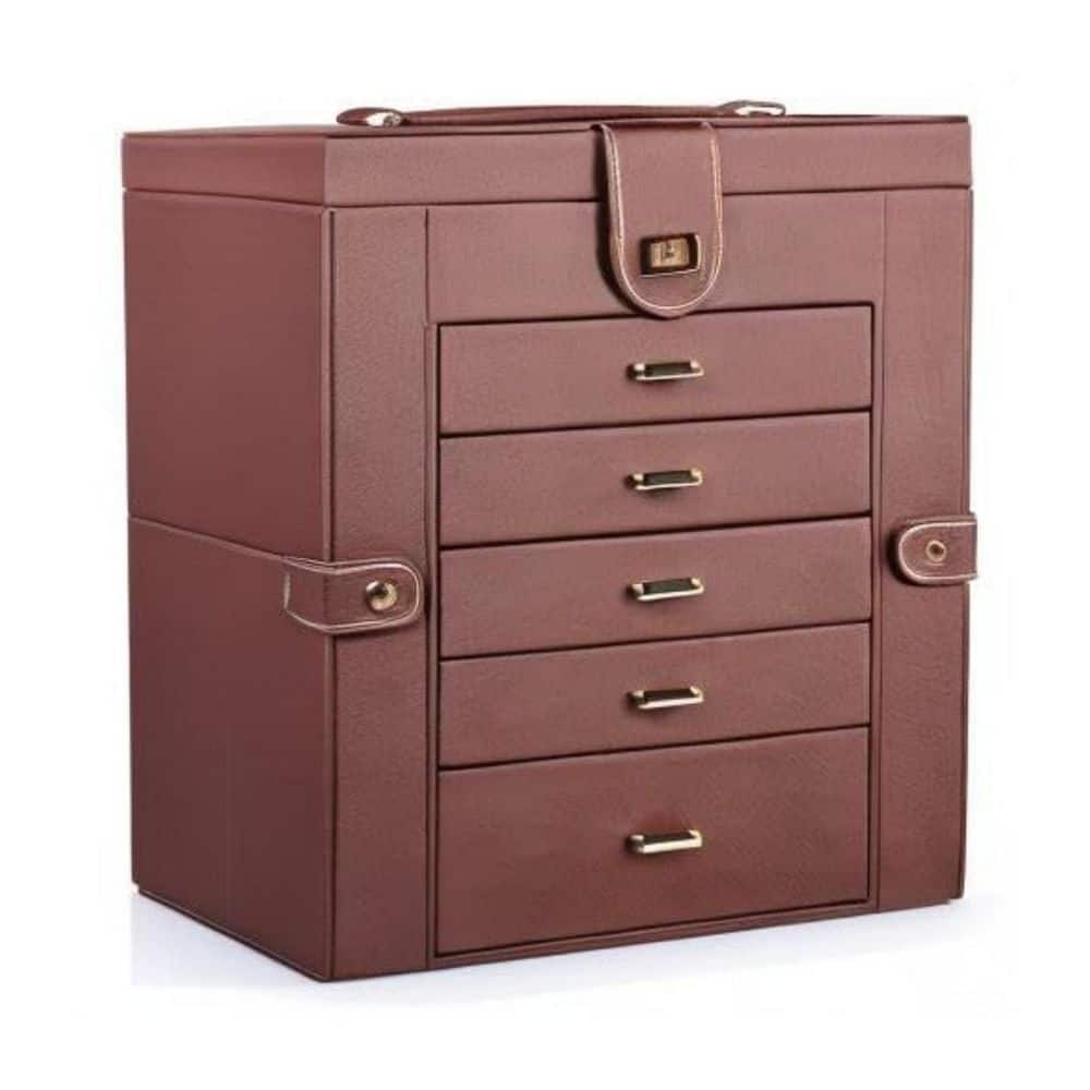 6 Tier 7"D x 12"W x 13"H Brown Sturdy Faux Leather Jewelry Box ...